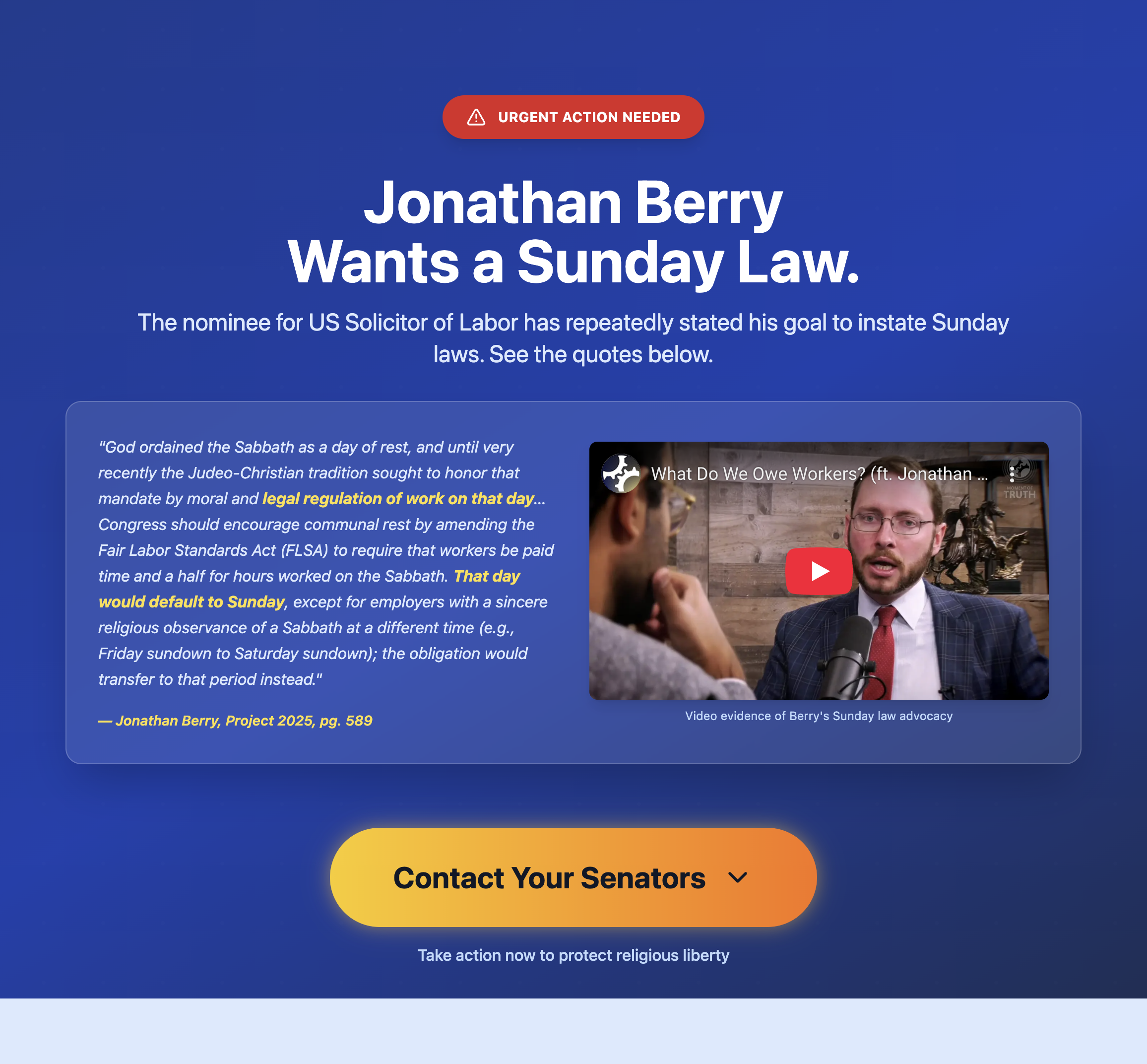 Protect Religious Freedom - Oppose National Sunday Laws
